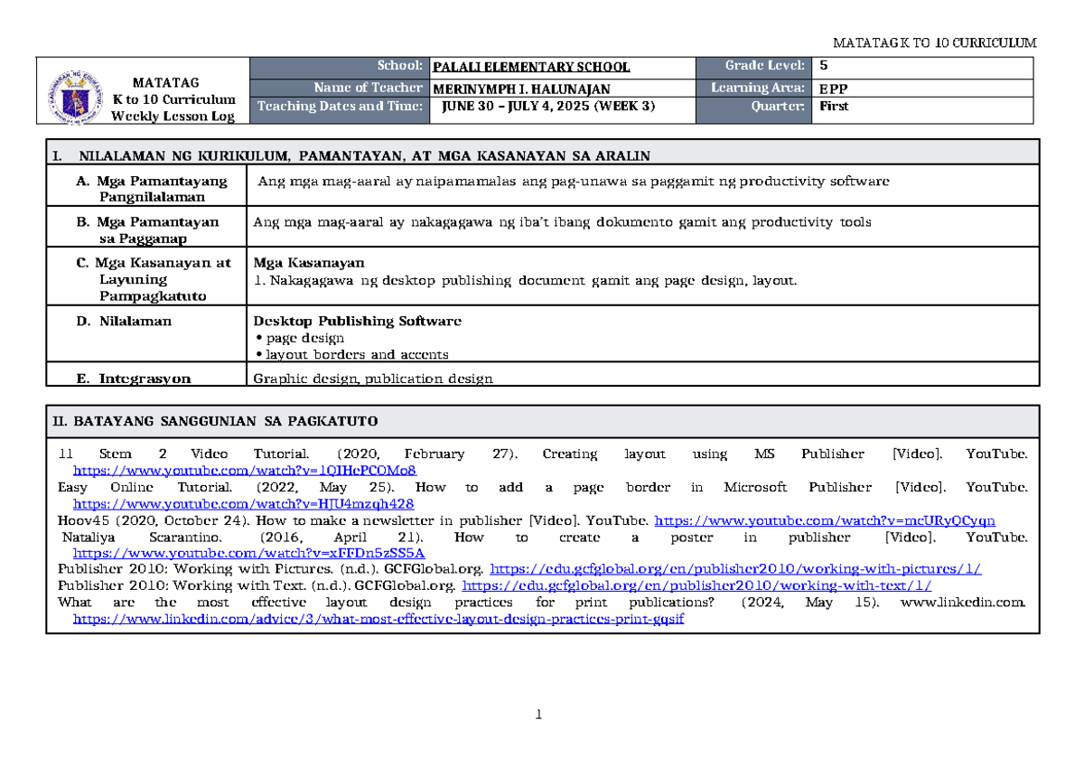 DLL Matatag EPP 5 Q1 W3 - Weekly Lesson Log for EPP 5 - Studocu