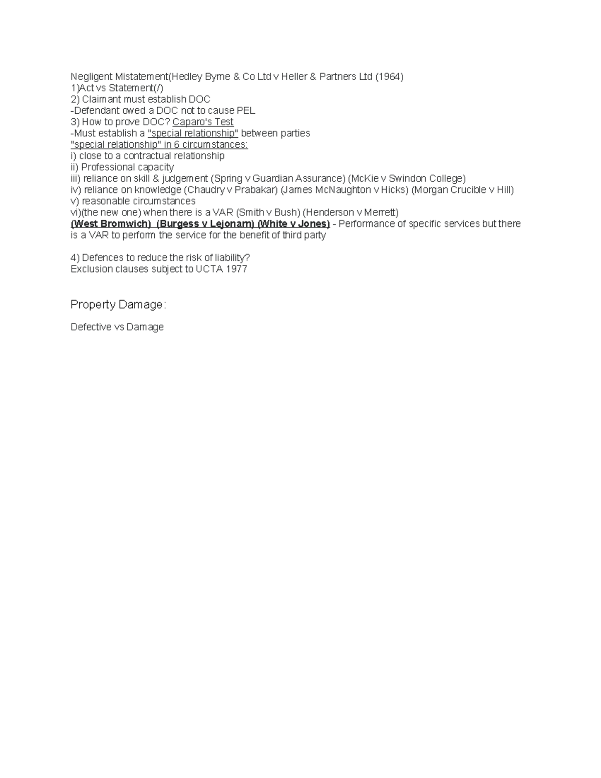 Pure Economic Loss: Negligent Misstatement Overview Mindmap - Studocu