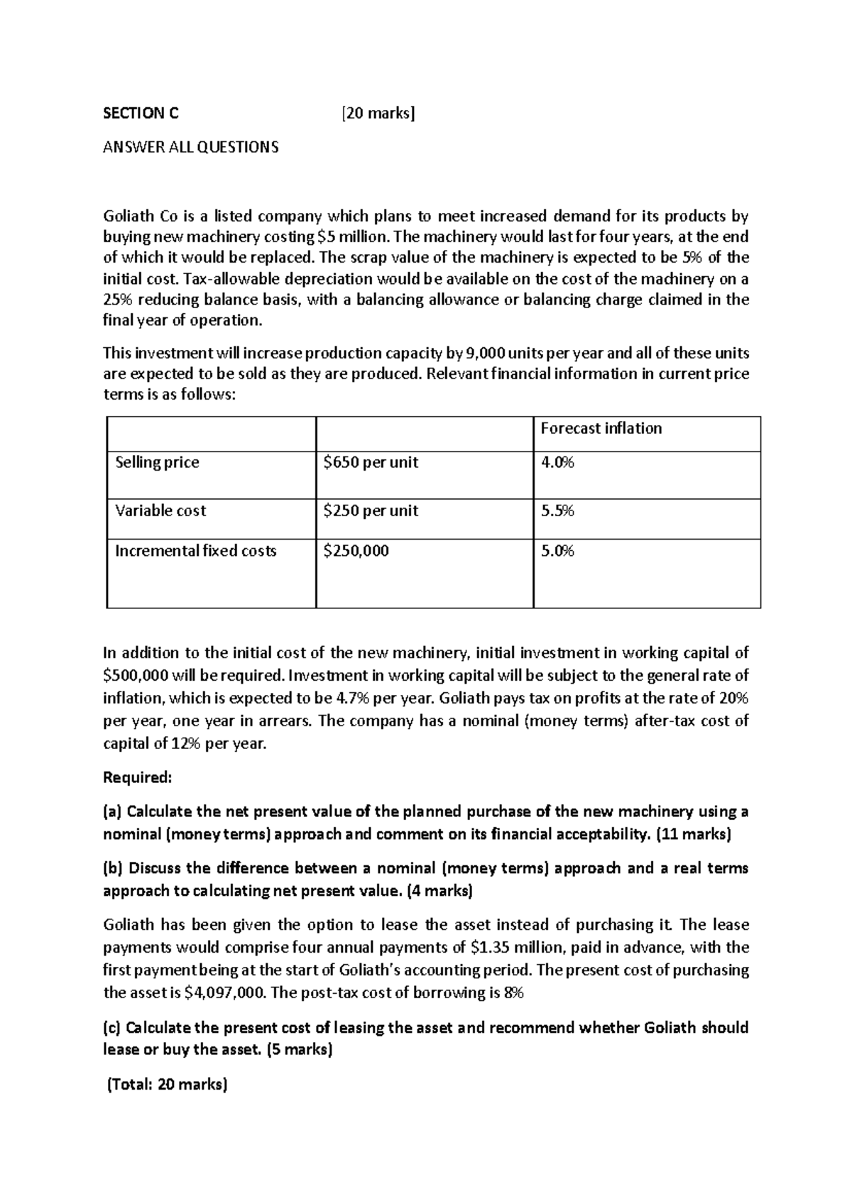 Goliath Co Section C Practice Questions On Machinery Investment