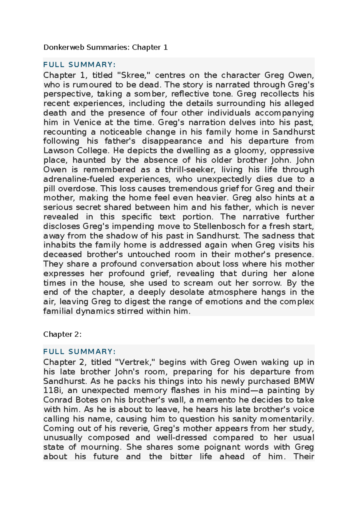 Donkerweb Chapter Summaries: Analysis of Chapters 1-14 - Studocu