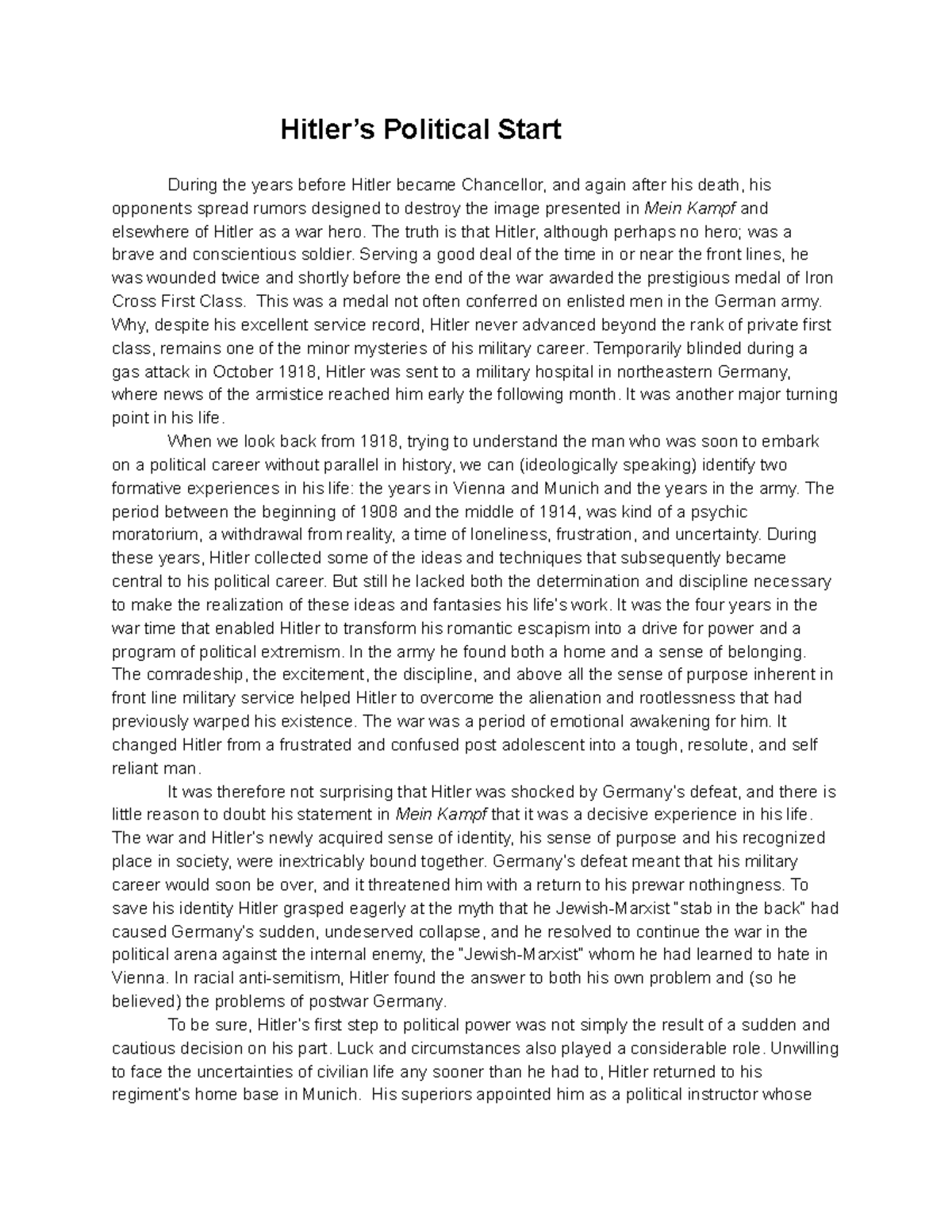 Hitler's Political Start: From Soldier to NSDAP Leader - Studocu