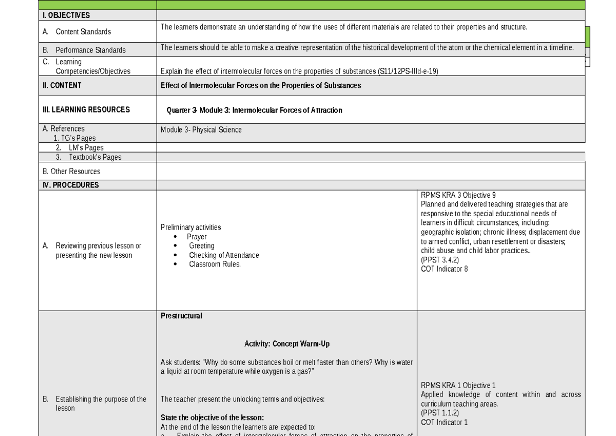 Quarter 3 Lesson Plan: Intermolecular Forces in Physical Science - Studocu