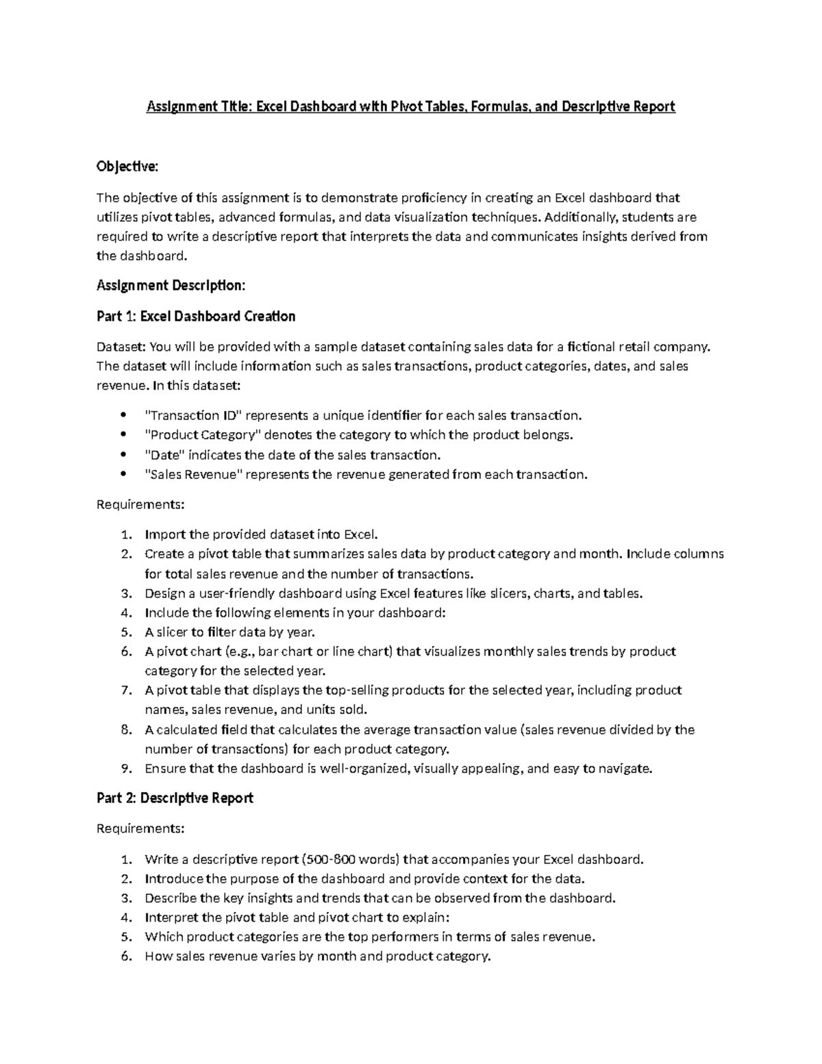 Excel Dashboard & Descriptive Report Guidelines (Assignment) - Studocu