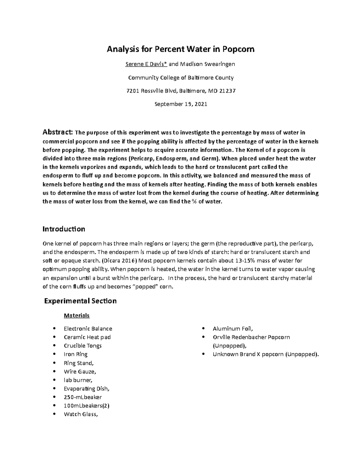 Investigation of Percent Water in Commercial Popcorn Kernels - Studocu
