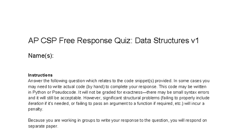 AP CSP FR Quiz: Data Structures & Game Logic v1 - Studocu