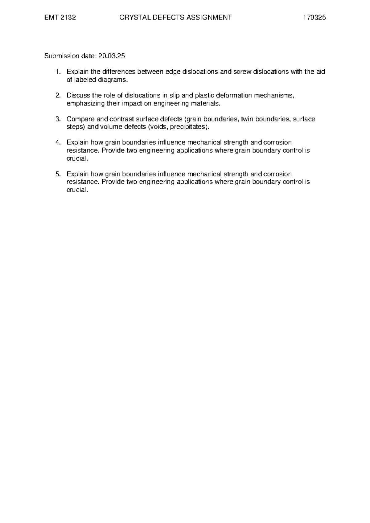 EMT 2132 Crystal Defects Assignment: Dislocations & Grain Boundaries ...