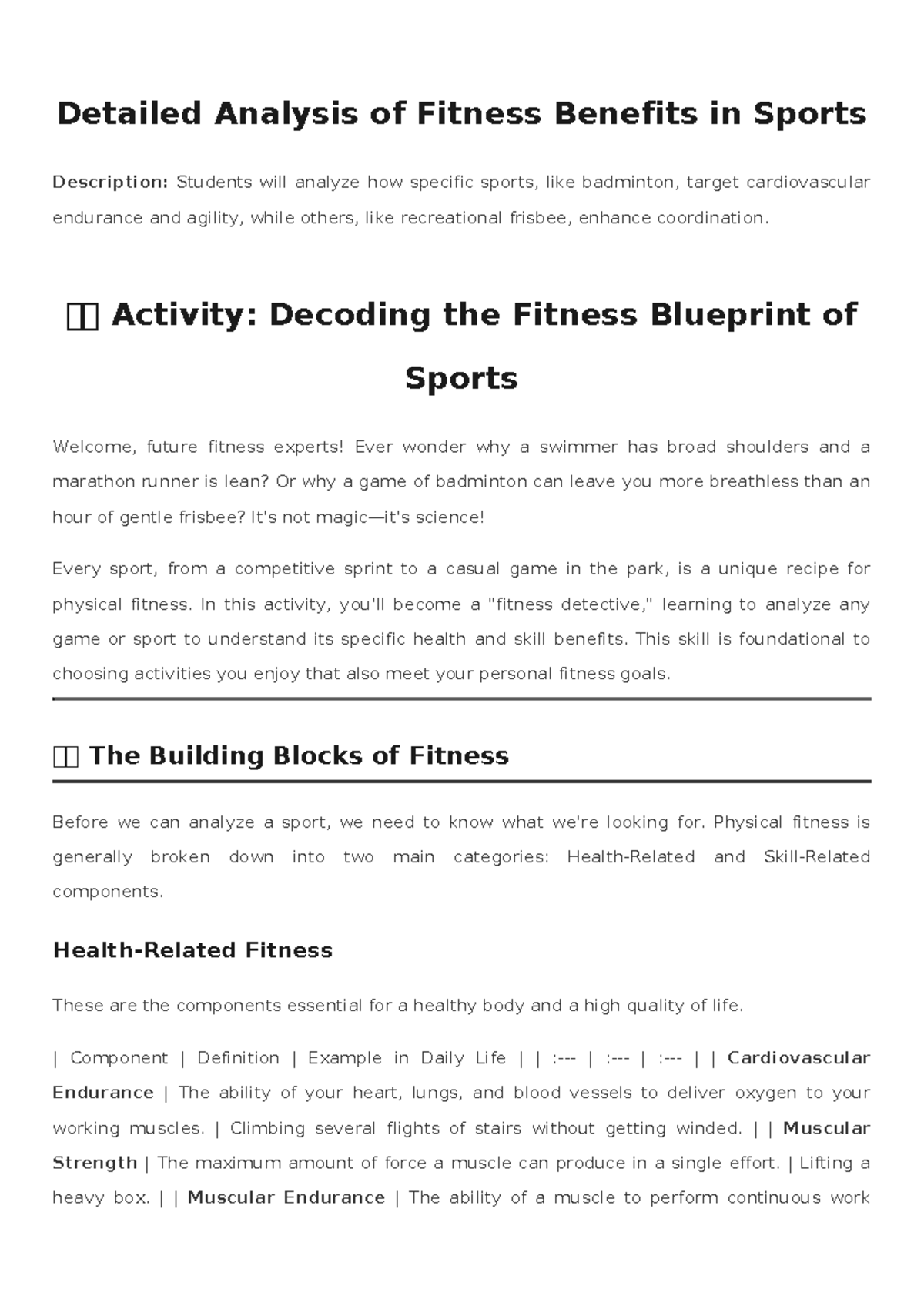 PE 3 GAMES: Analyzing Fitness Benefits Across Sports - Studocu