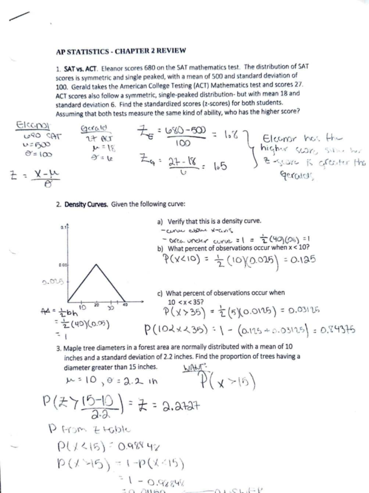 AP STATISTICS - CHAPTER 2 REVIEW: Probability & Normal Distribution ...