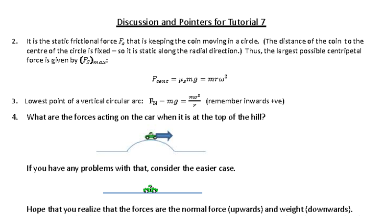 2025 - Tutorial 7: Static Friction and Circular Motion Insights - Studocu