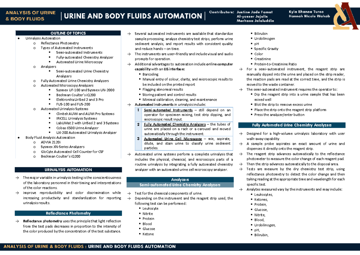 Urine and Body Fluid Automation Overview - BSMT 3-3A (Outline) - Studocu