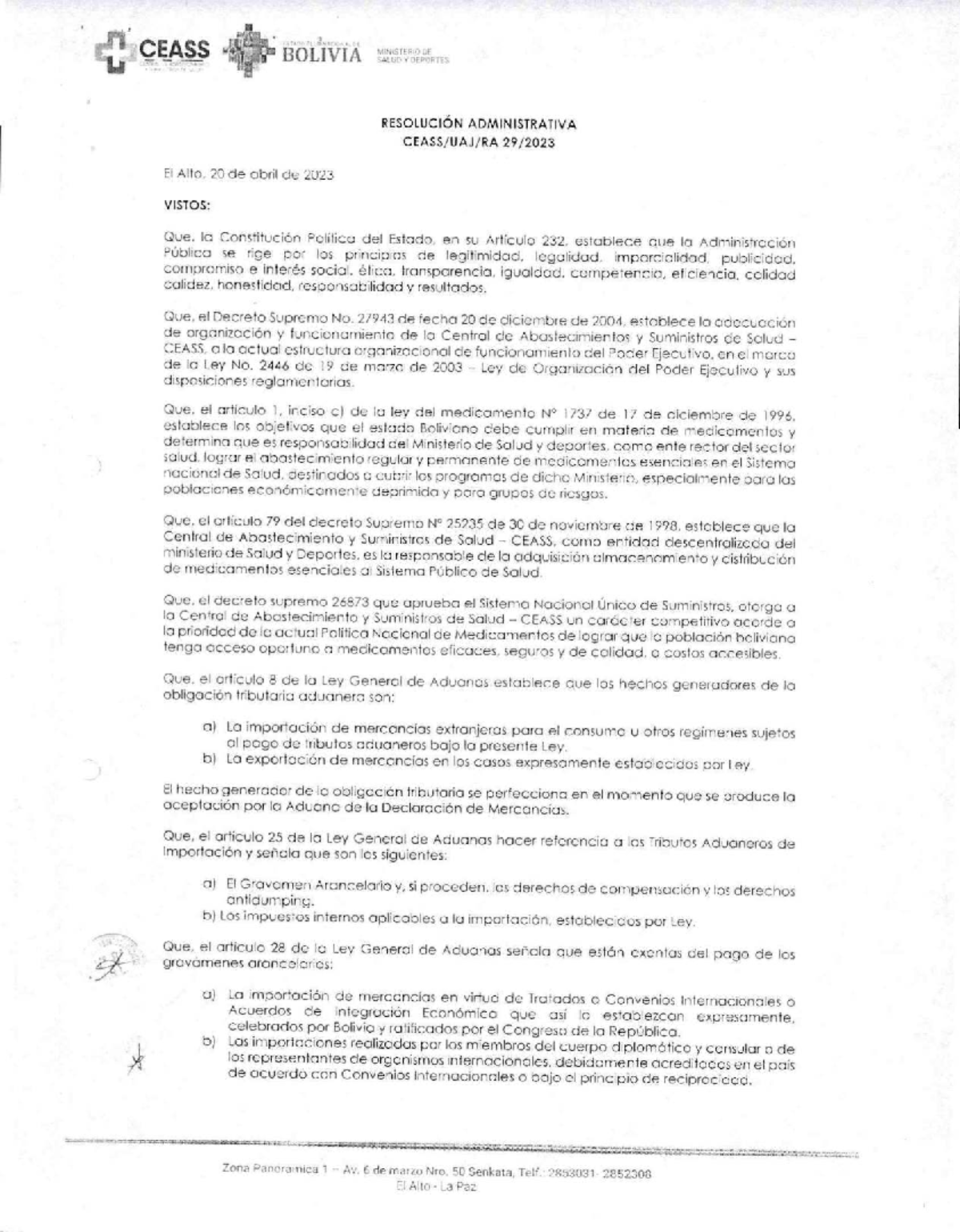 CEASS BOLIVIA: Procedimiento de Importación - Resolución Administrativa ...