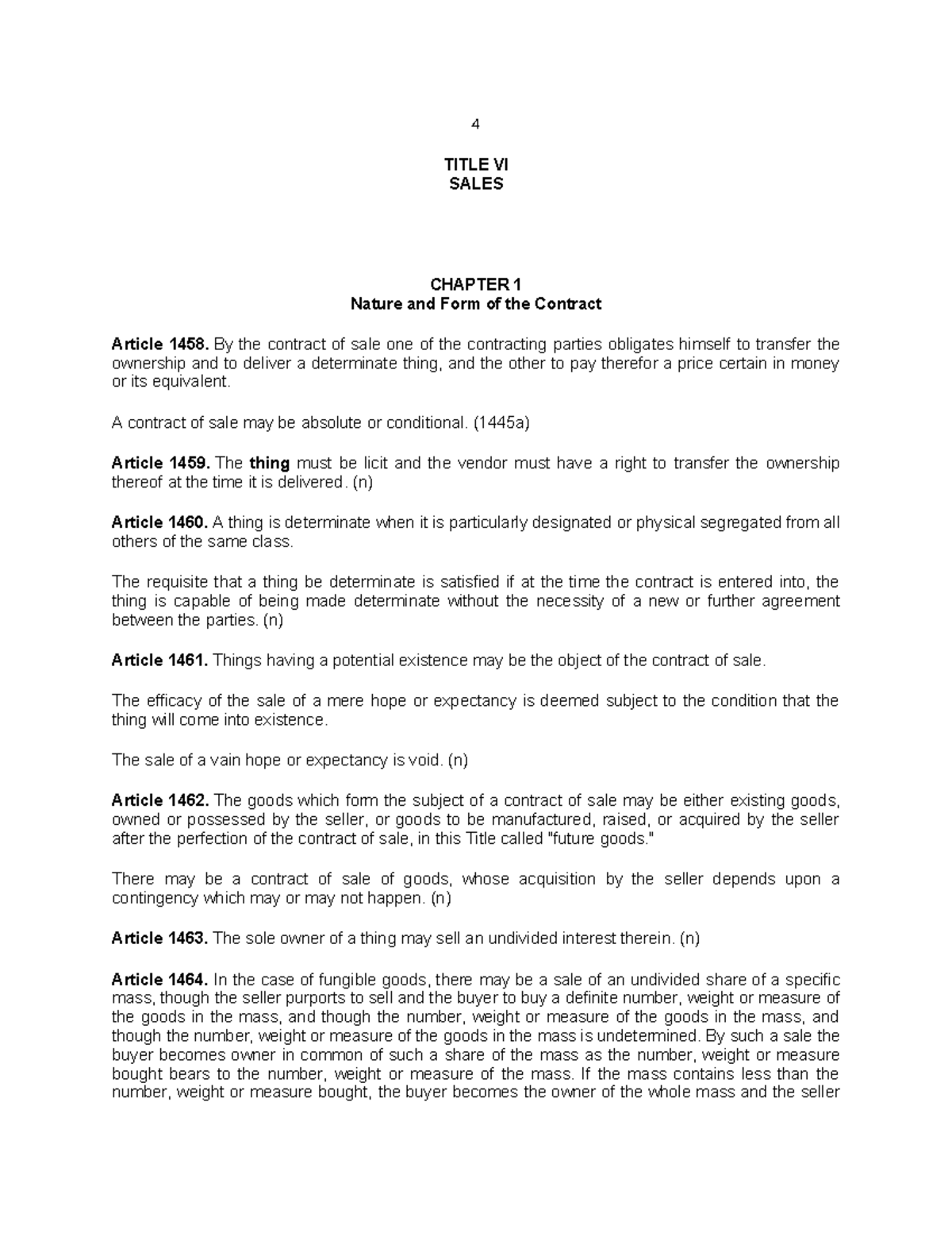 Civil Code on Sales: Title VI, Chapter 1 - Nature and Form of the ...