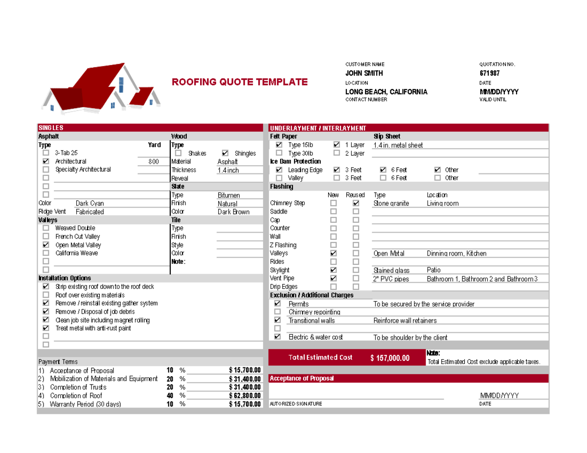 Example Roofing Quote Sheet