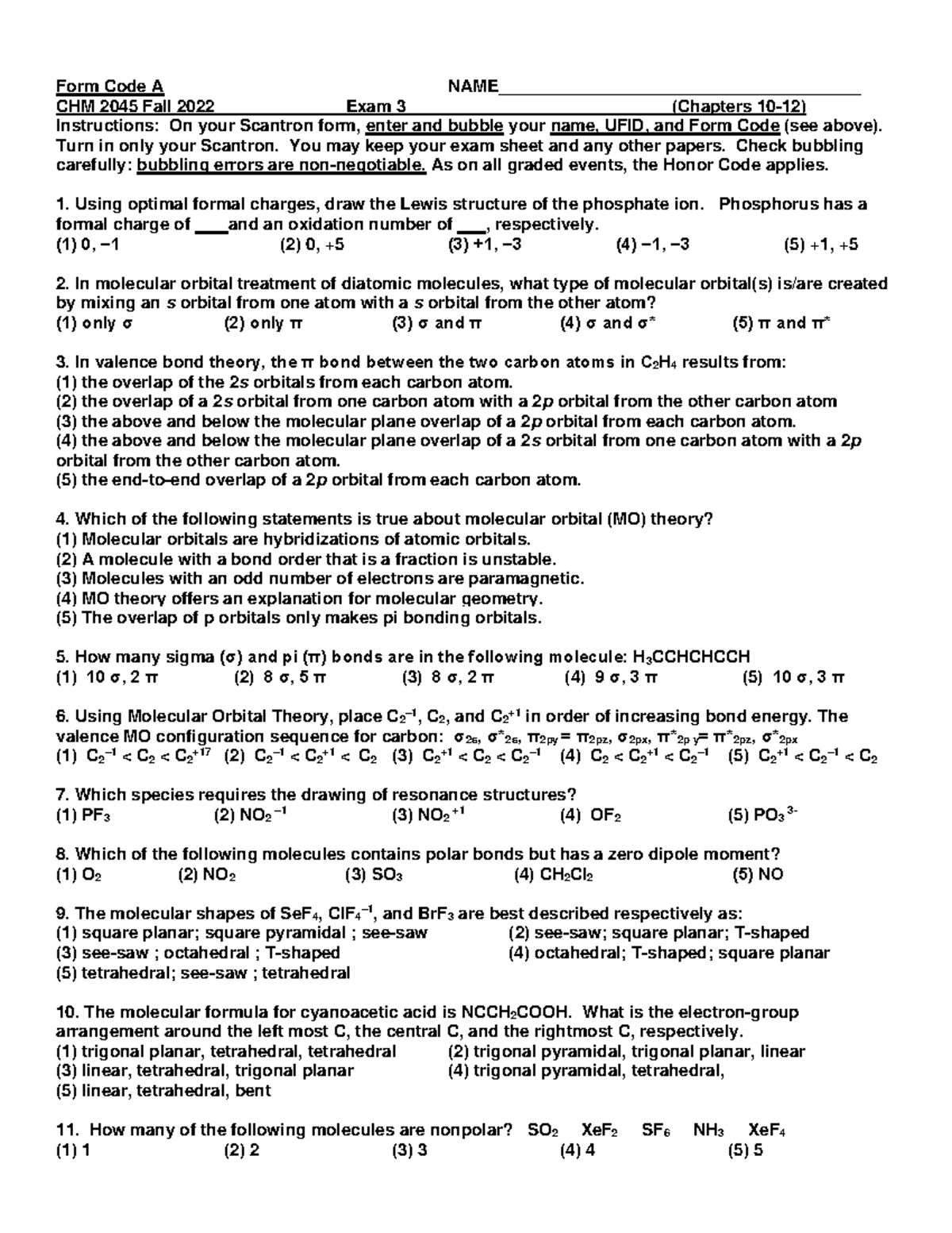 FA22 CHM 2045 Exam 3 Form Code A Study Guide - Studocu