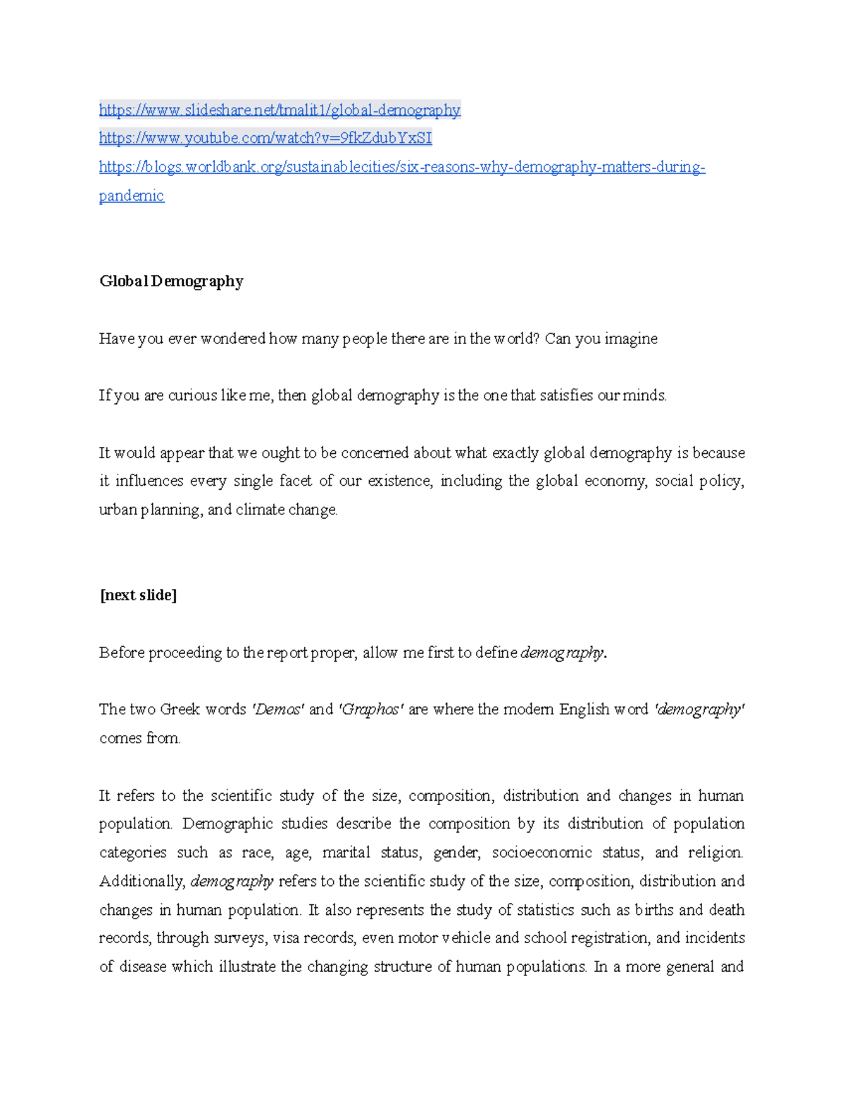 Global Demography Report: Insights & Impacts on Society - Studocu