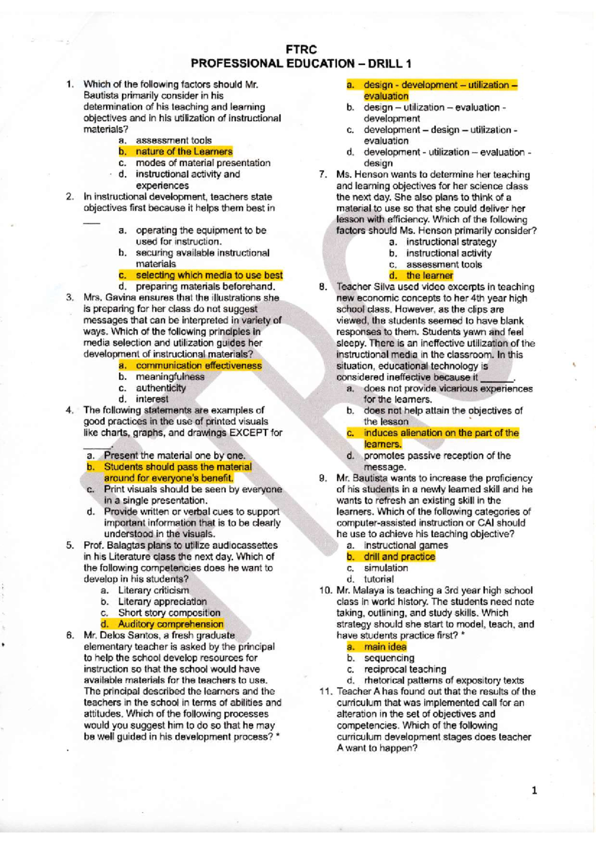 FTRC PROFESSIONAL EDUCATION DRILL 1: Teaching Strategies and Curriculum ...