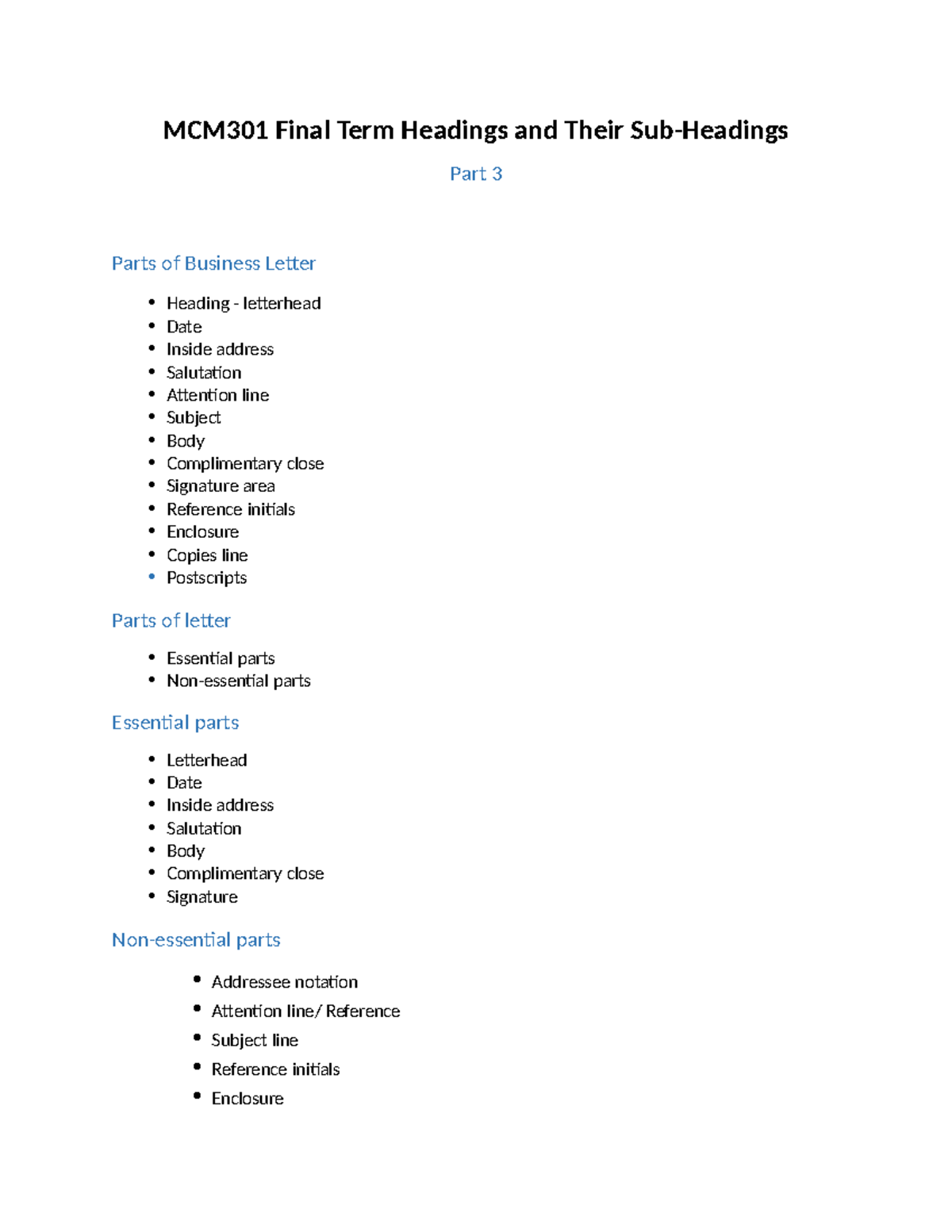 MCM301 Final Term: Business Letter Headings and Parts - Studocu