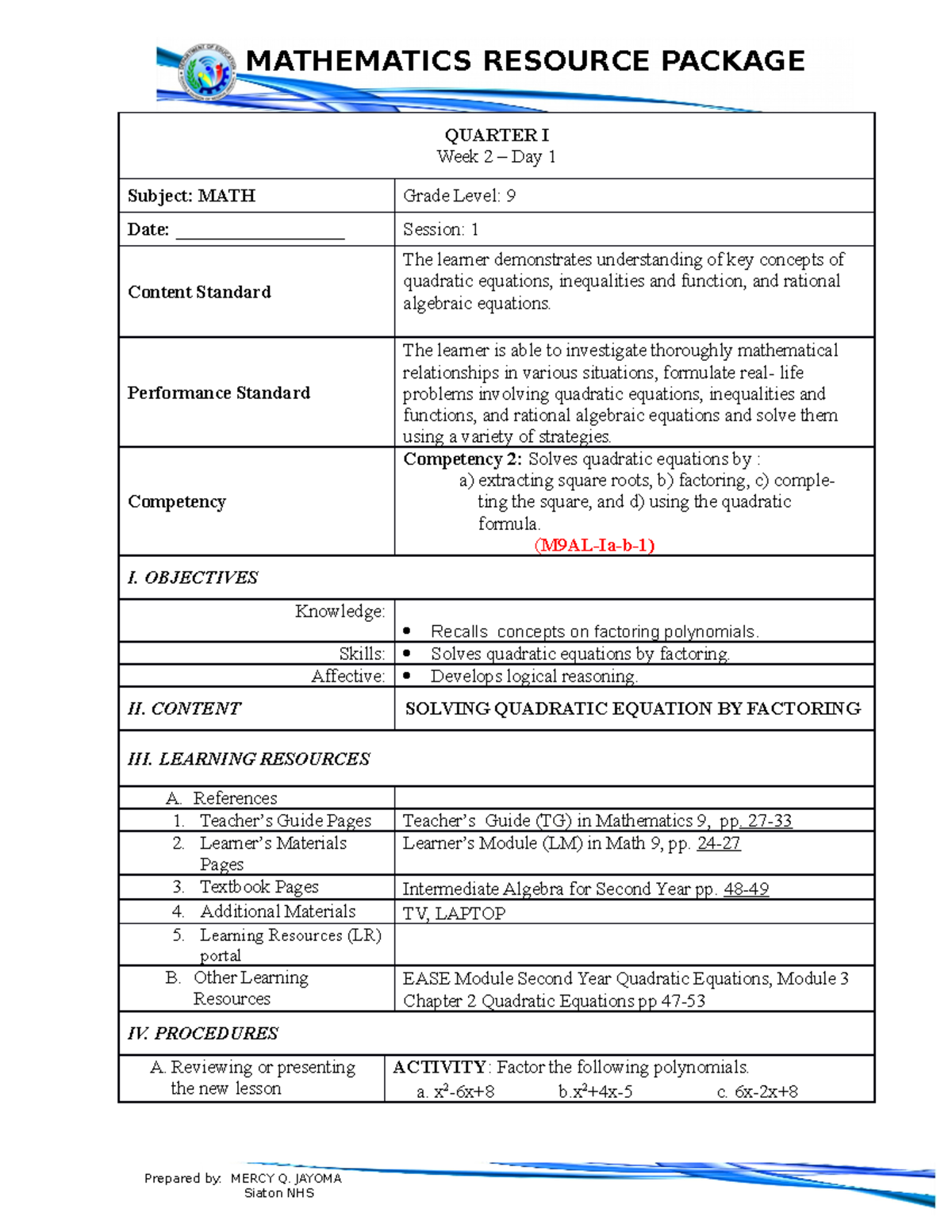 Math 9 Sample Lesson Plan Quarter1 - Week 1 Day 1 - Prepared by: MERCY ...