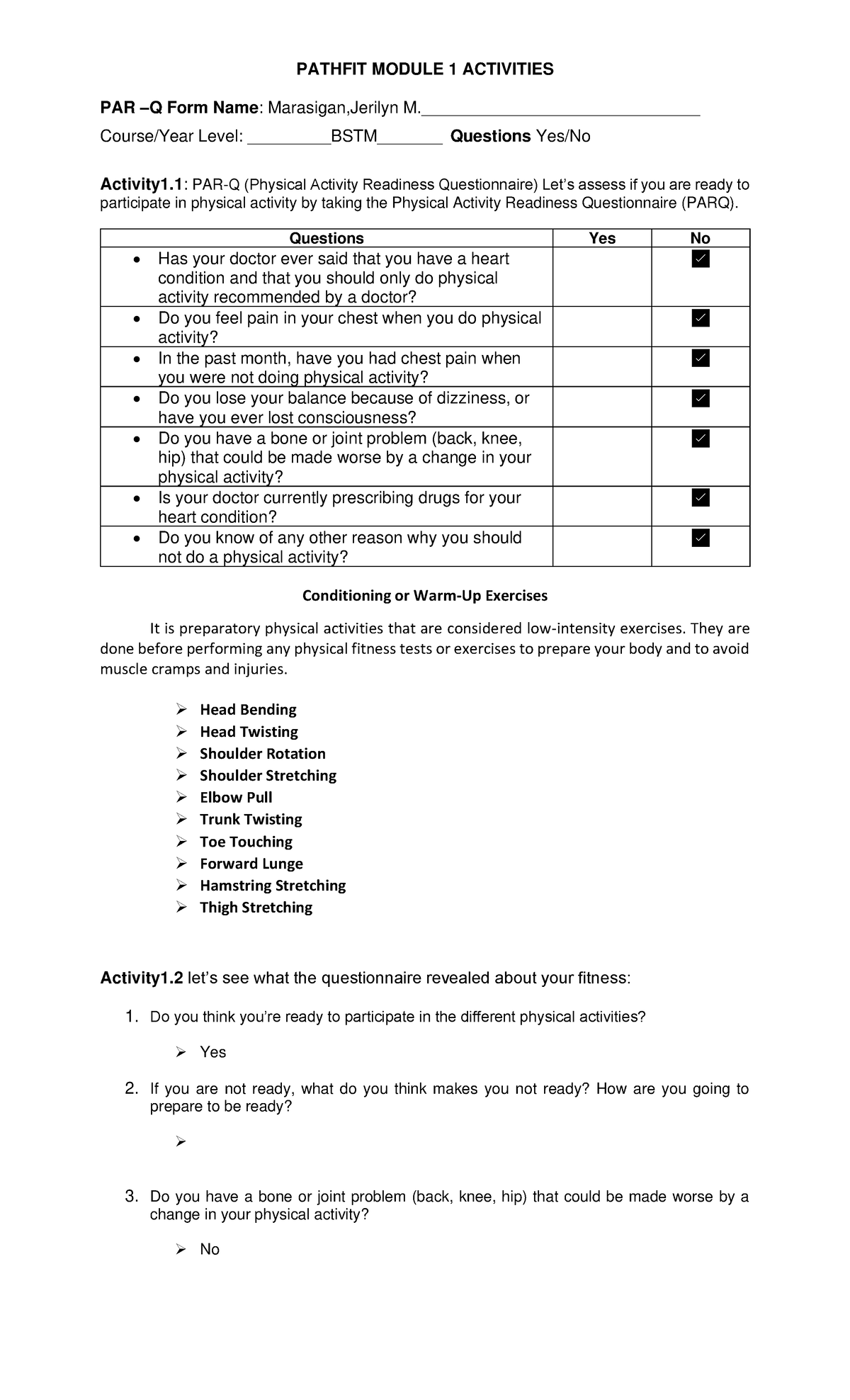 Module 1 Activities Pathfit Module 1 Activities Par Q Form Name
