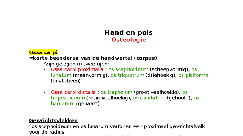 Osteologie van de Hand en Pols: Ossa Carpi en Gewrichten - Studocu