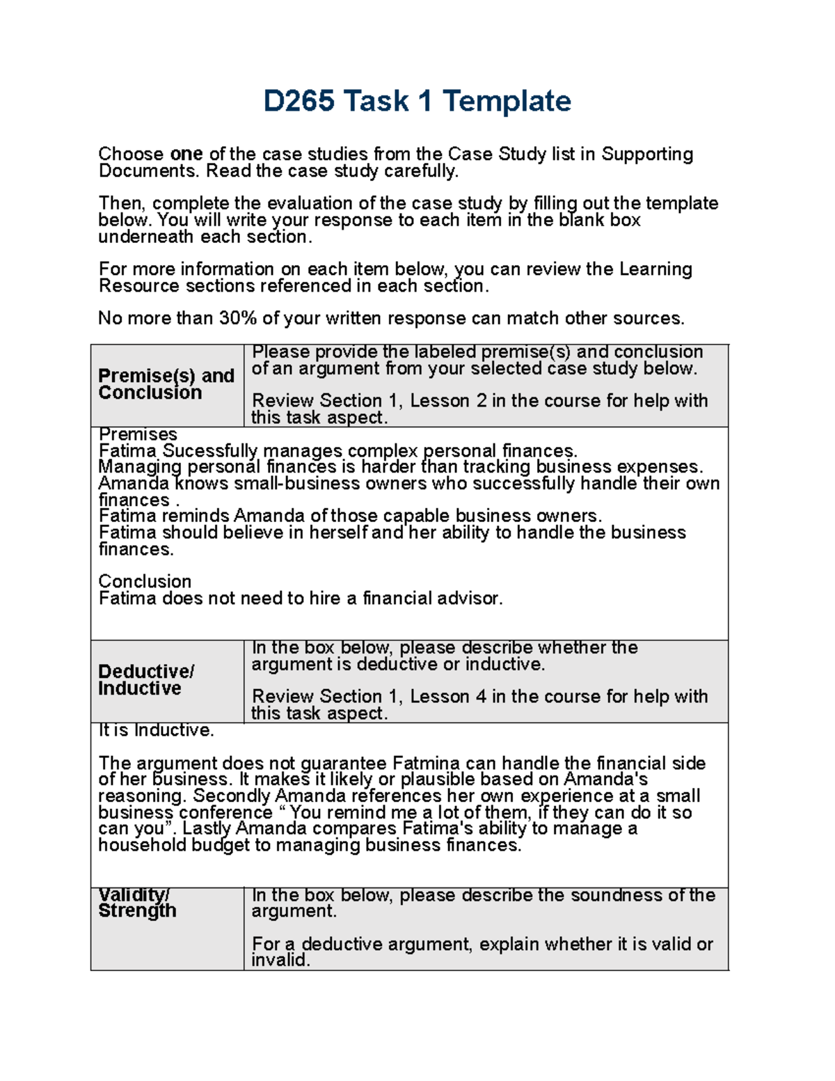 D265 Task 1 Case Study Evaluation Template by Kaiyla Babb - Studocu