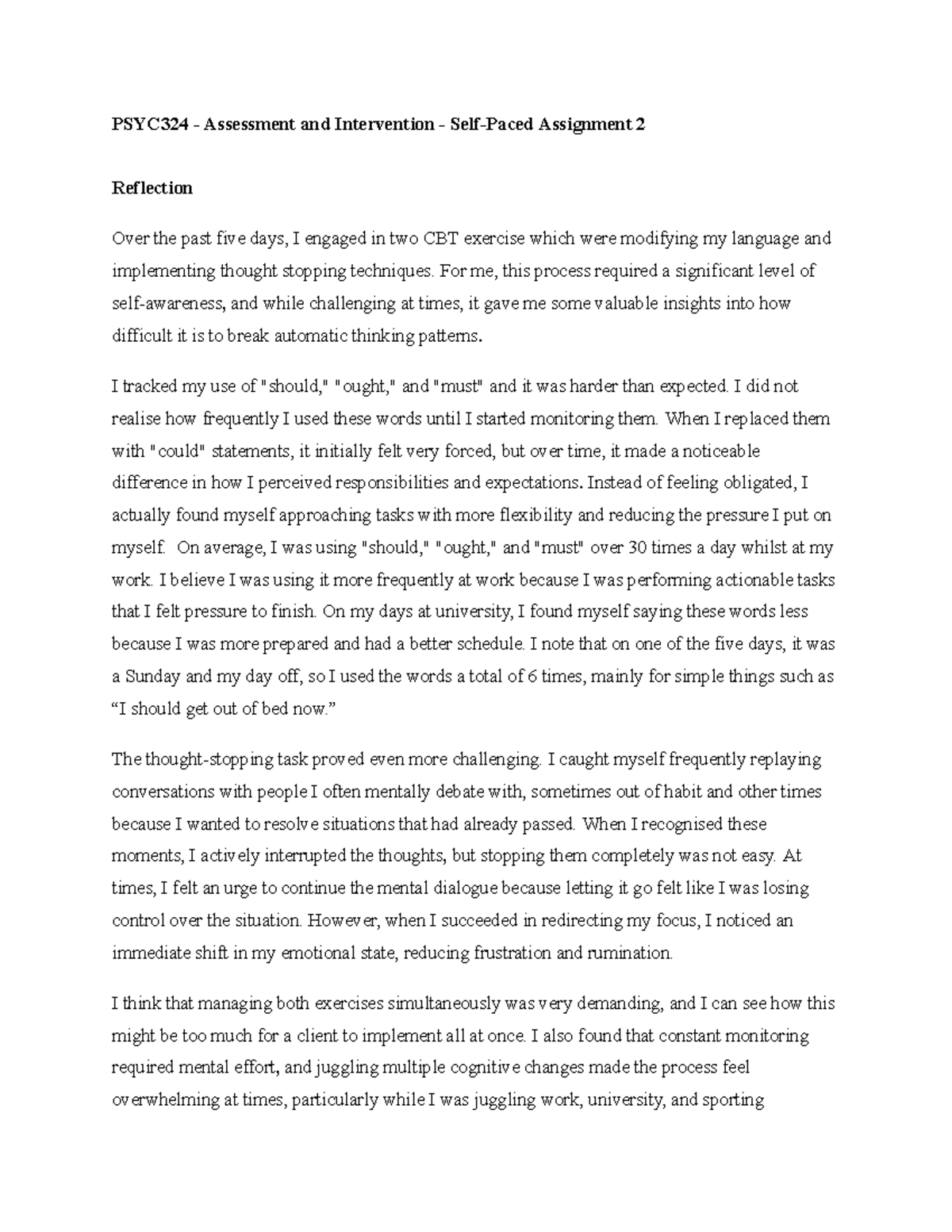 PSYC324 - Reflection on CBT Techniques in Assessment & Intervention ...