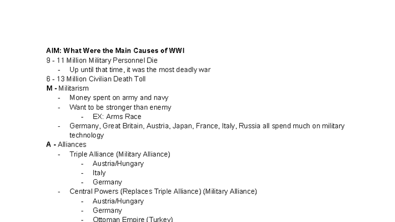 Causes and Consequences of WWI (HIST 101): Key Events and Impacts - Studocu