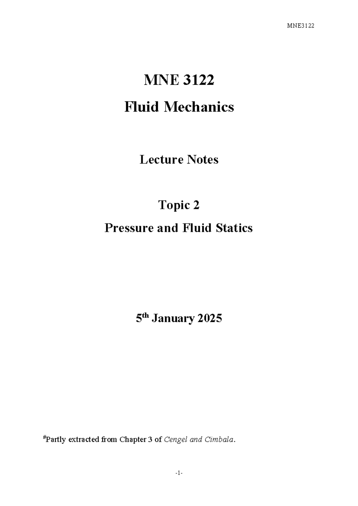 MNE3122 Fluid Mechanics Lecture Notes: Topic 2 - Pressure & Fluid ...