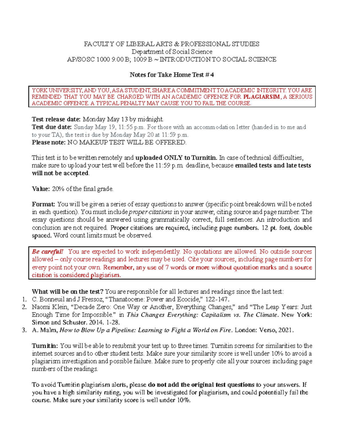 AP/SOSC 1000 9 B - Take Home Test #4 Preparation Notes - Studocu