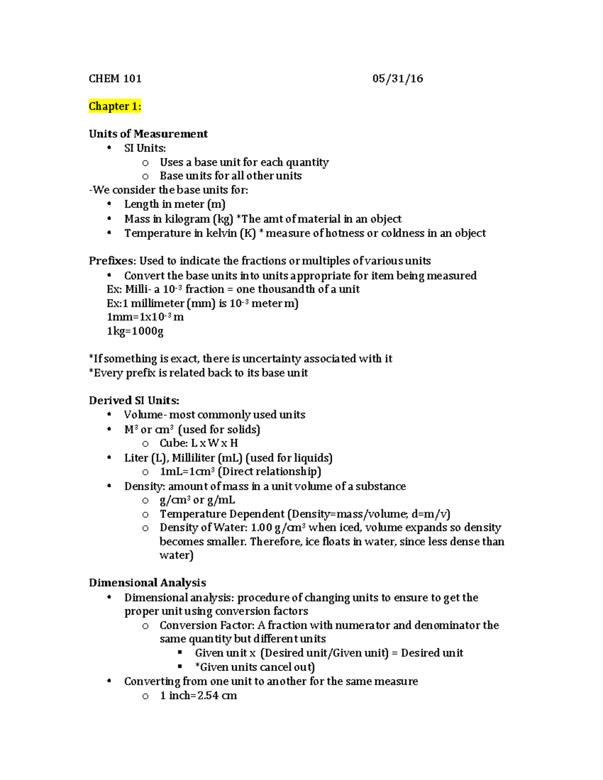 Chem 101 test 1 notes - Exam 1 summary guide to study for - General ...