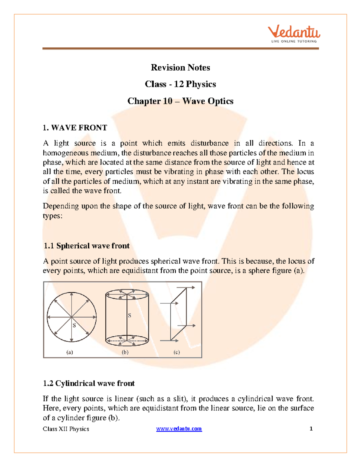 Class 12 Physics Revision Notes Wave Optics - Revision Notes Class - 12 ...
