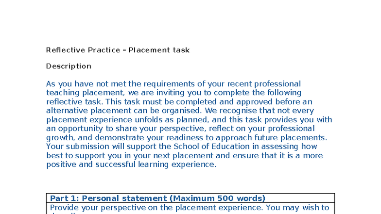 Reflective Practice - Placement Task for Education Students - Studocu