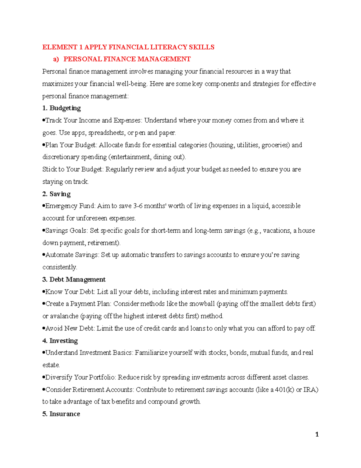 ELEMENT 1: PERSONAL FINANCE MANAGEMENT & LITERACY STRATEGIES - Studocu