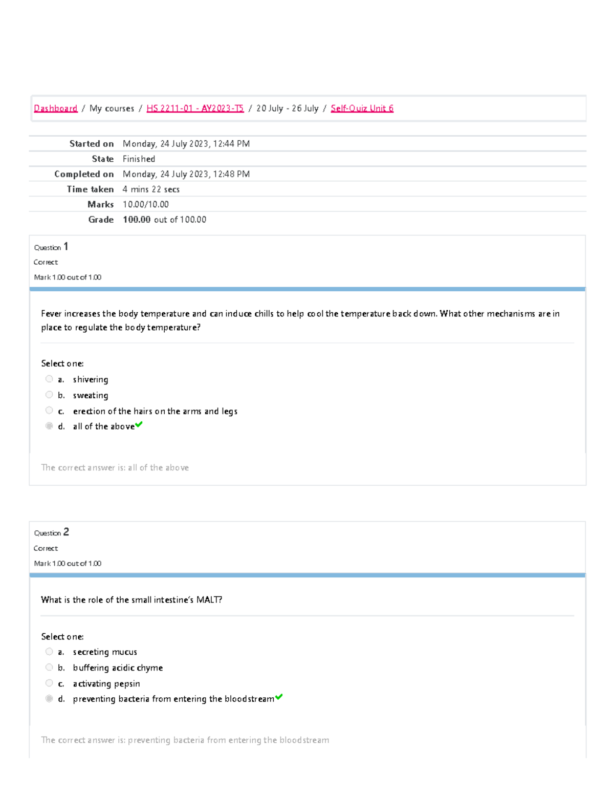 HS 2211 Self-Quiz Unit 6 Attempt review - Started on Monday, 24 July ...