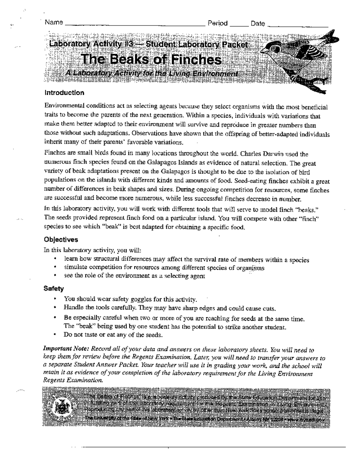 Beaks of Finches Lab Activity for Living Environment (LE Lab) - Studocu
