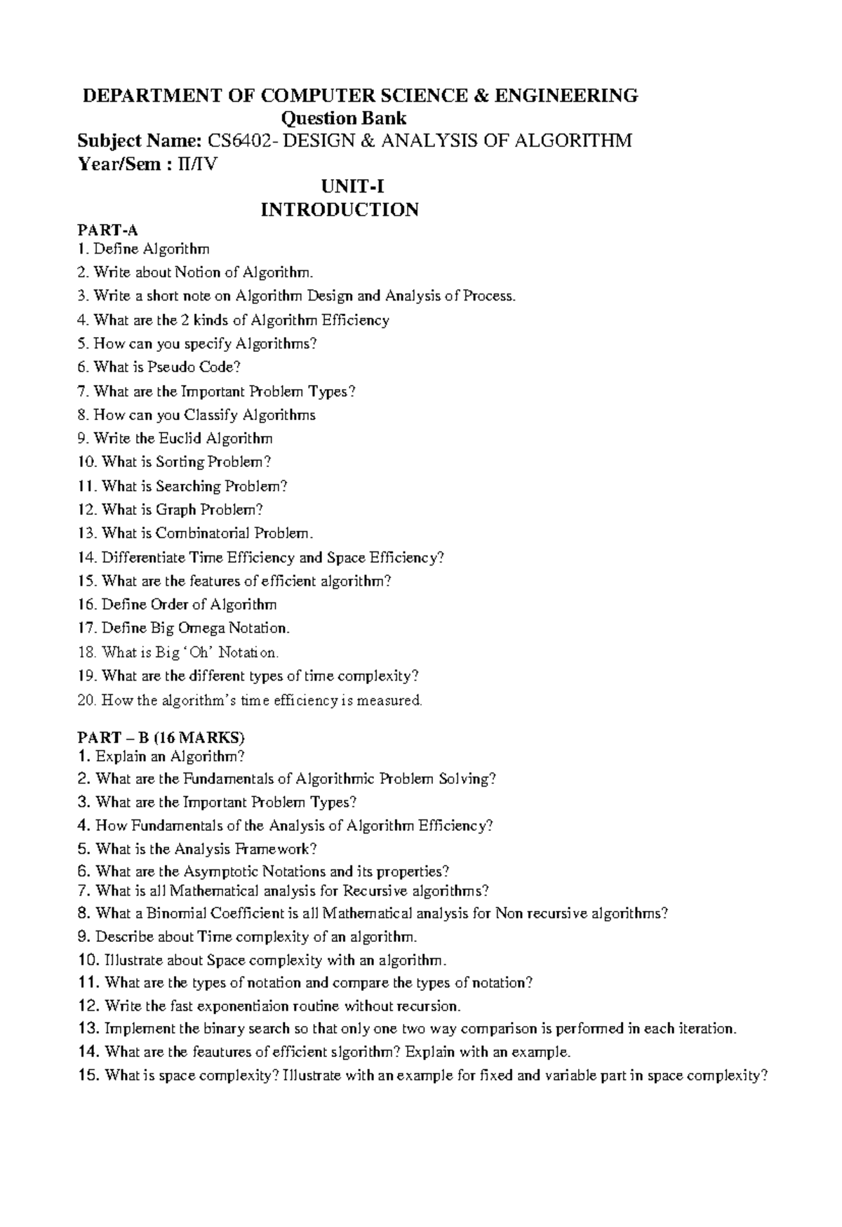DAA Question Bank - Design Analysis of Algorithms (CSE) - Studocu