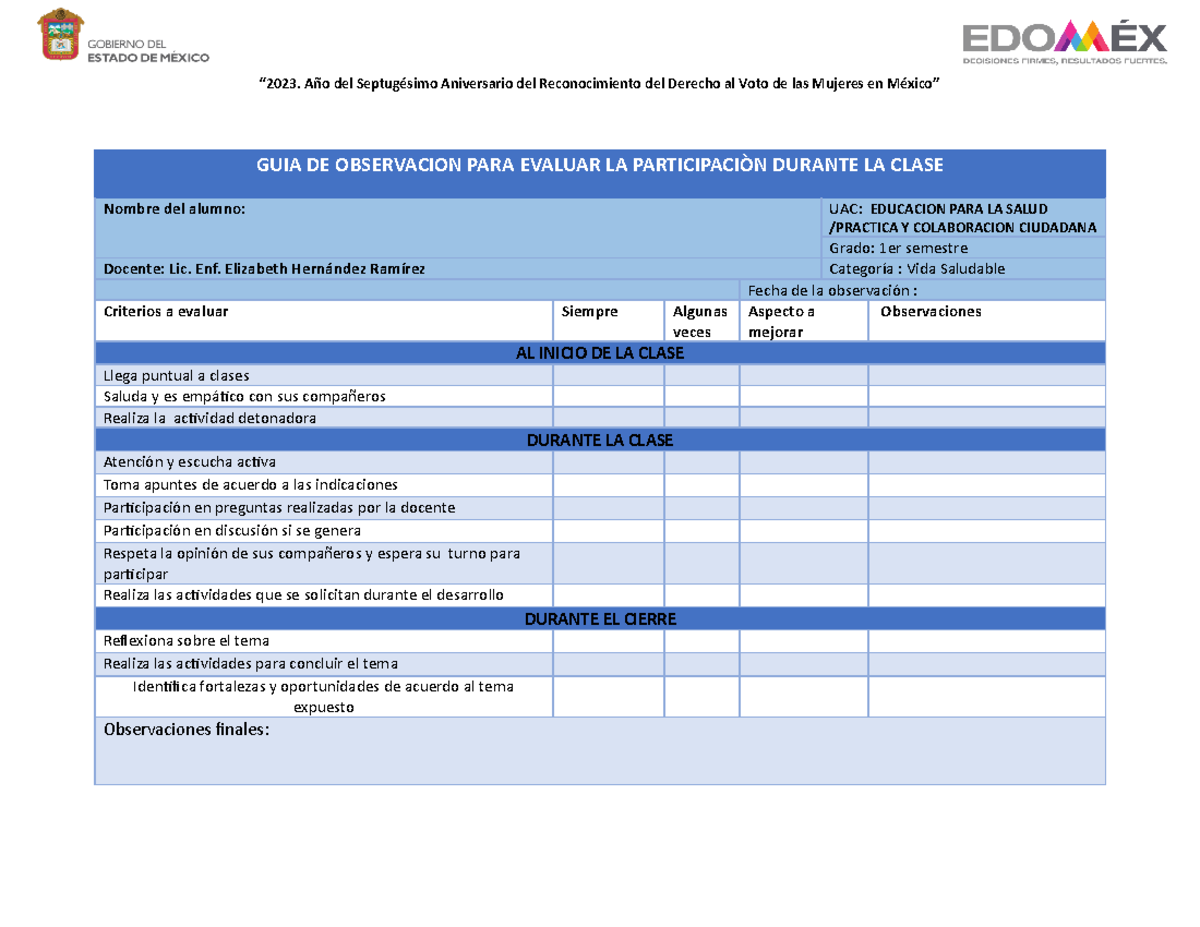 Guía de Observación para la Evaluación de Participación en Clase - UAC ...