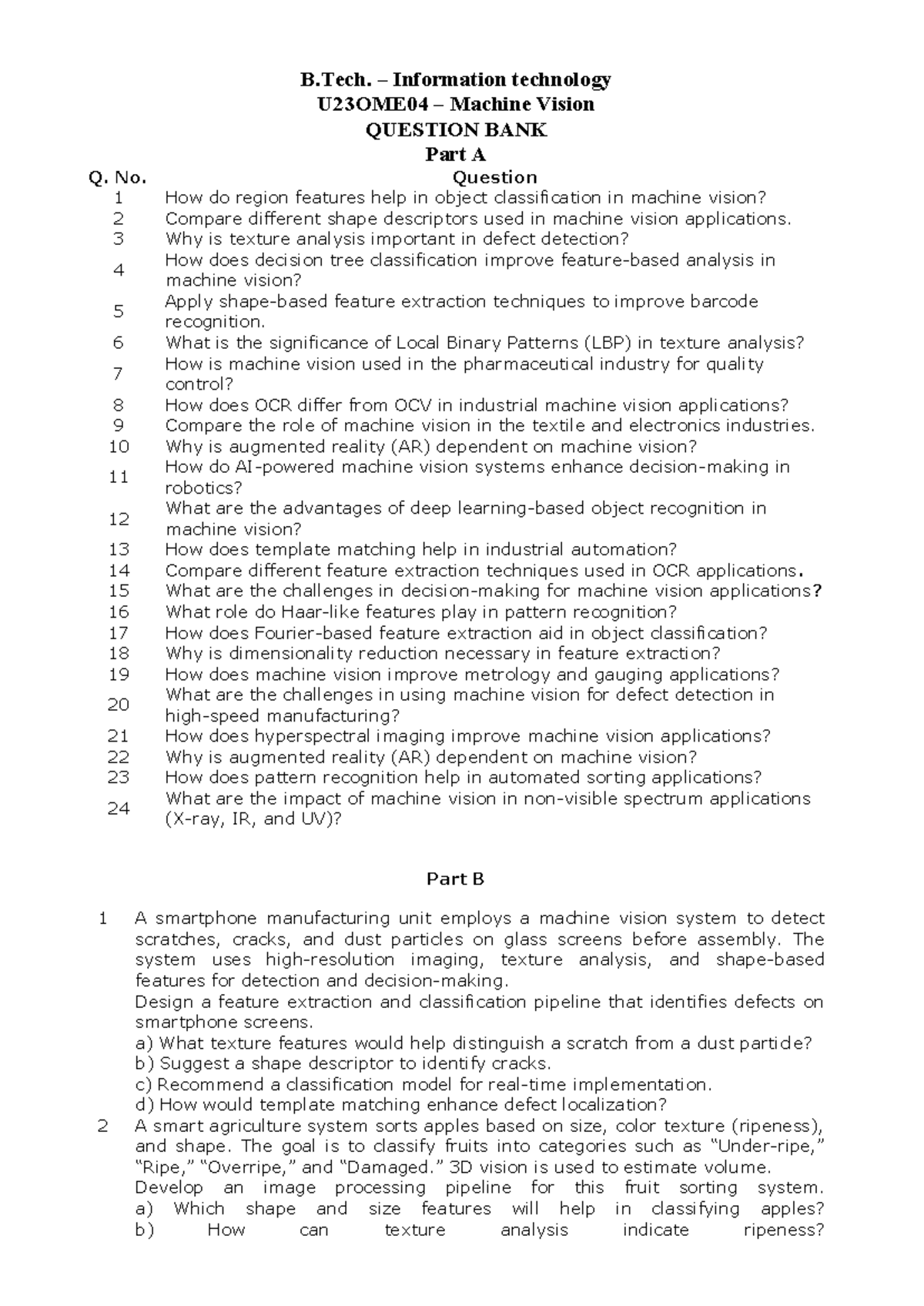 CIA 3 U23OME04 Machine Vision Question Bank: Key Concepts ...