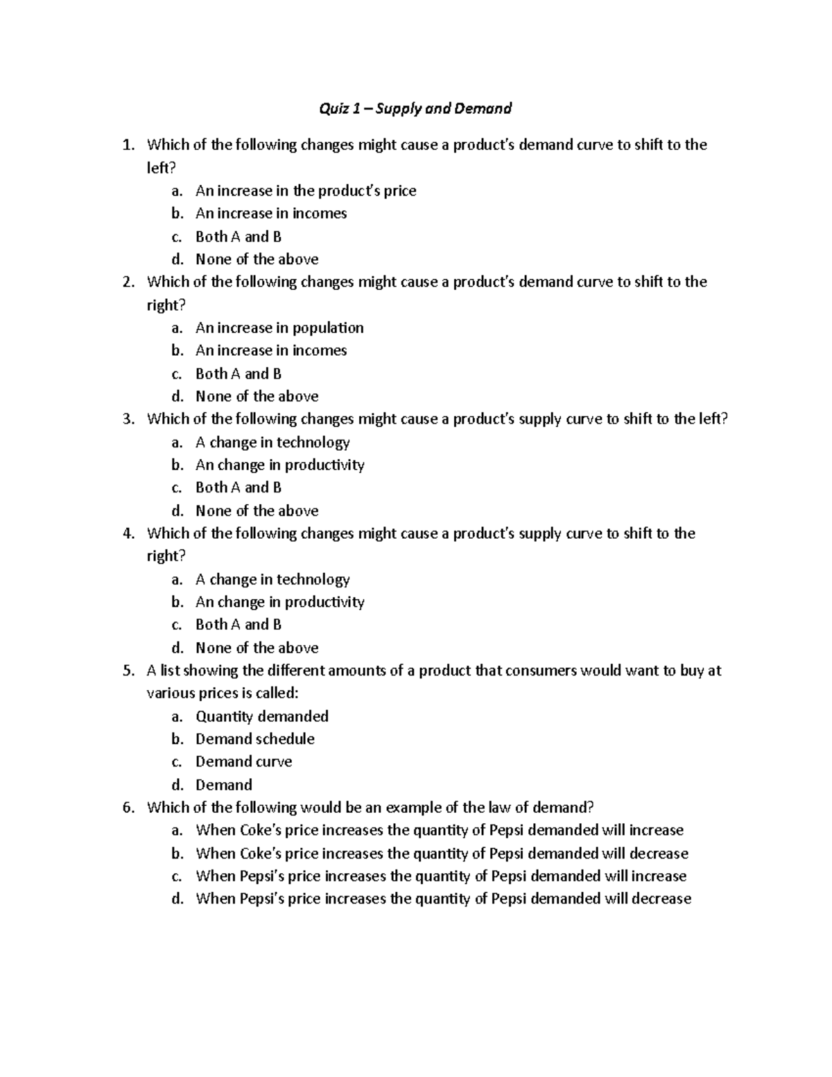Supply and Demand - questions and answers - Quiz 1 – Supply and Demand ...