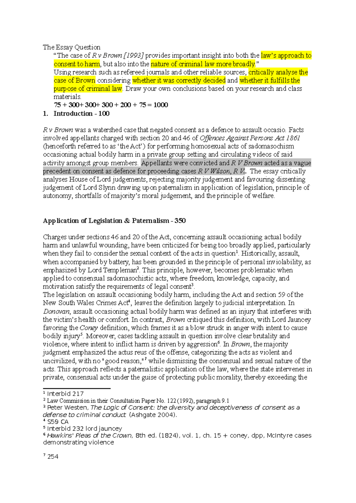 R v Brown: A Critical Analysis of Consent and Criminal Law - Studocu