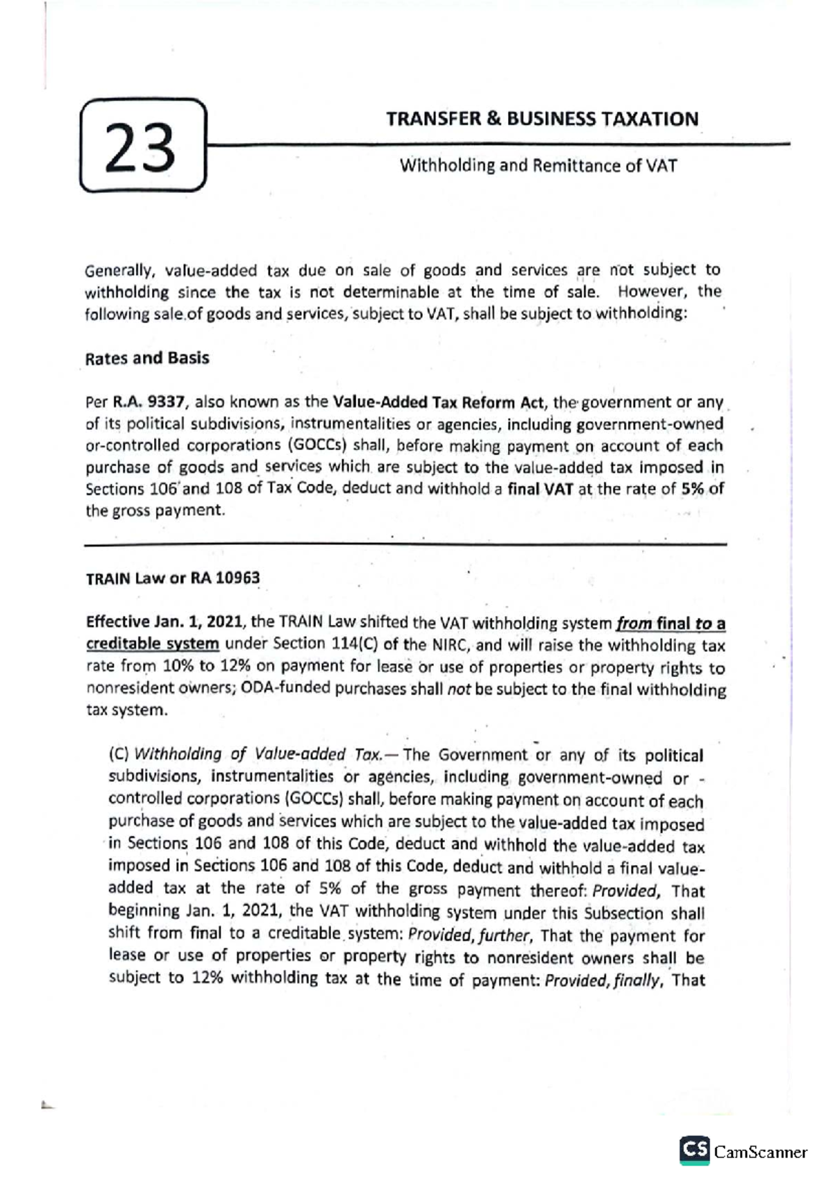 Chapter 23: Withholding and Remittance of VAT - Transfer Business ...