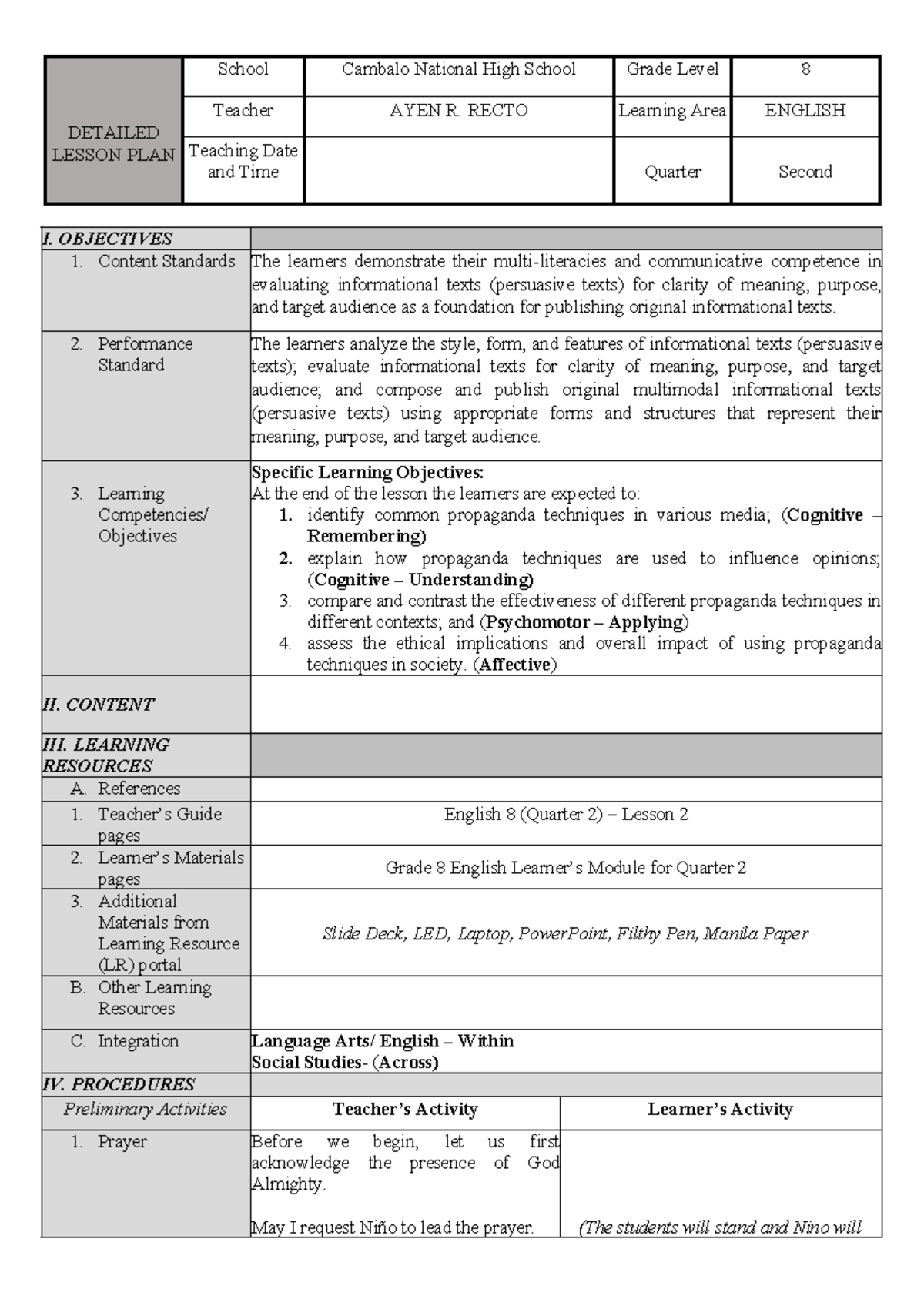 Grade 8 English (ENG 8) Quarter 2 Detailed Lesson Plan on Propaganda ...