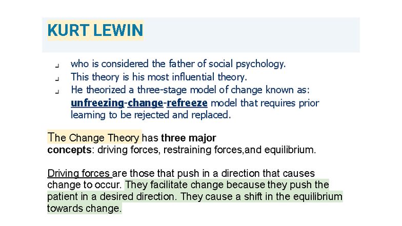 KURT LEWIN's Change Theory: Driving & Restraining Forces - Studocu