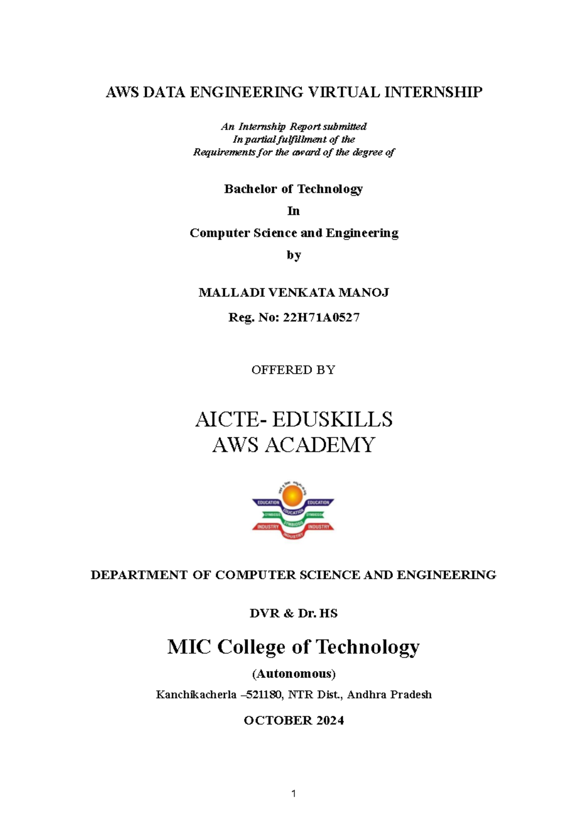 Final Report on AWS Data Engineering Virtual Internship - B.Tech CSE - Studocu