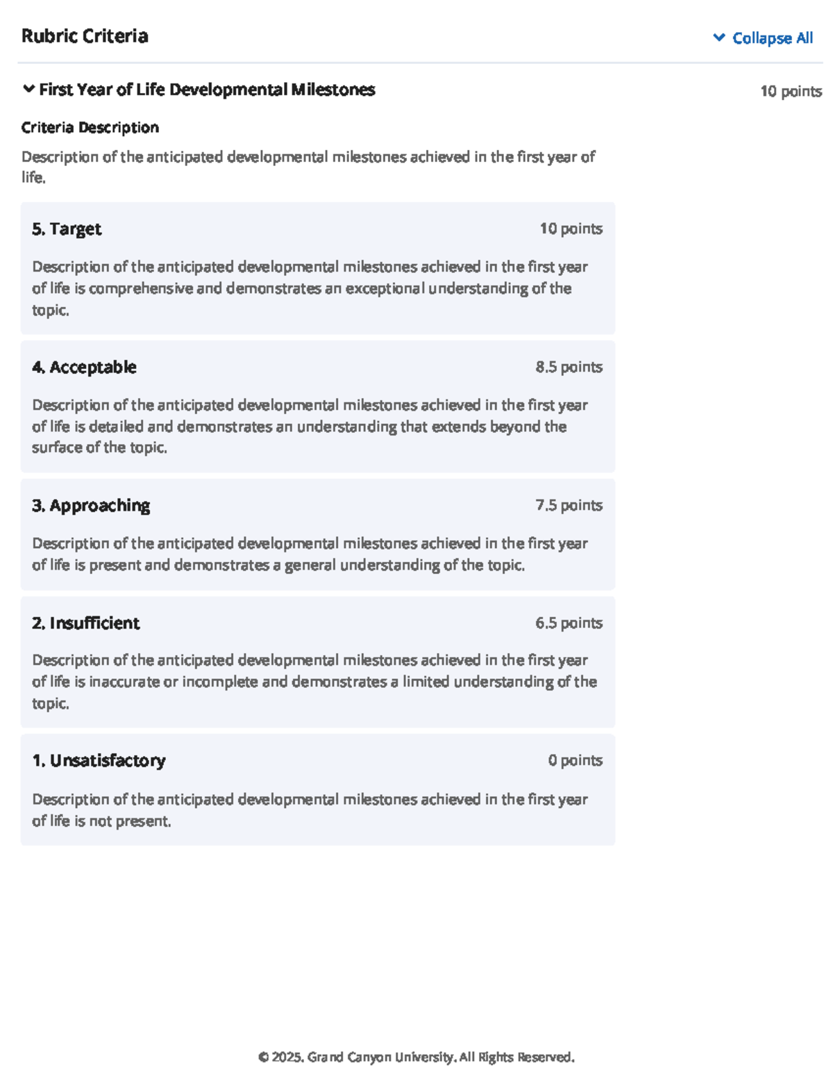 Rubric for First Year of Life Developmental Milestones (GCU) - Studocu