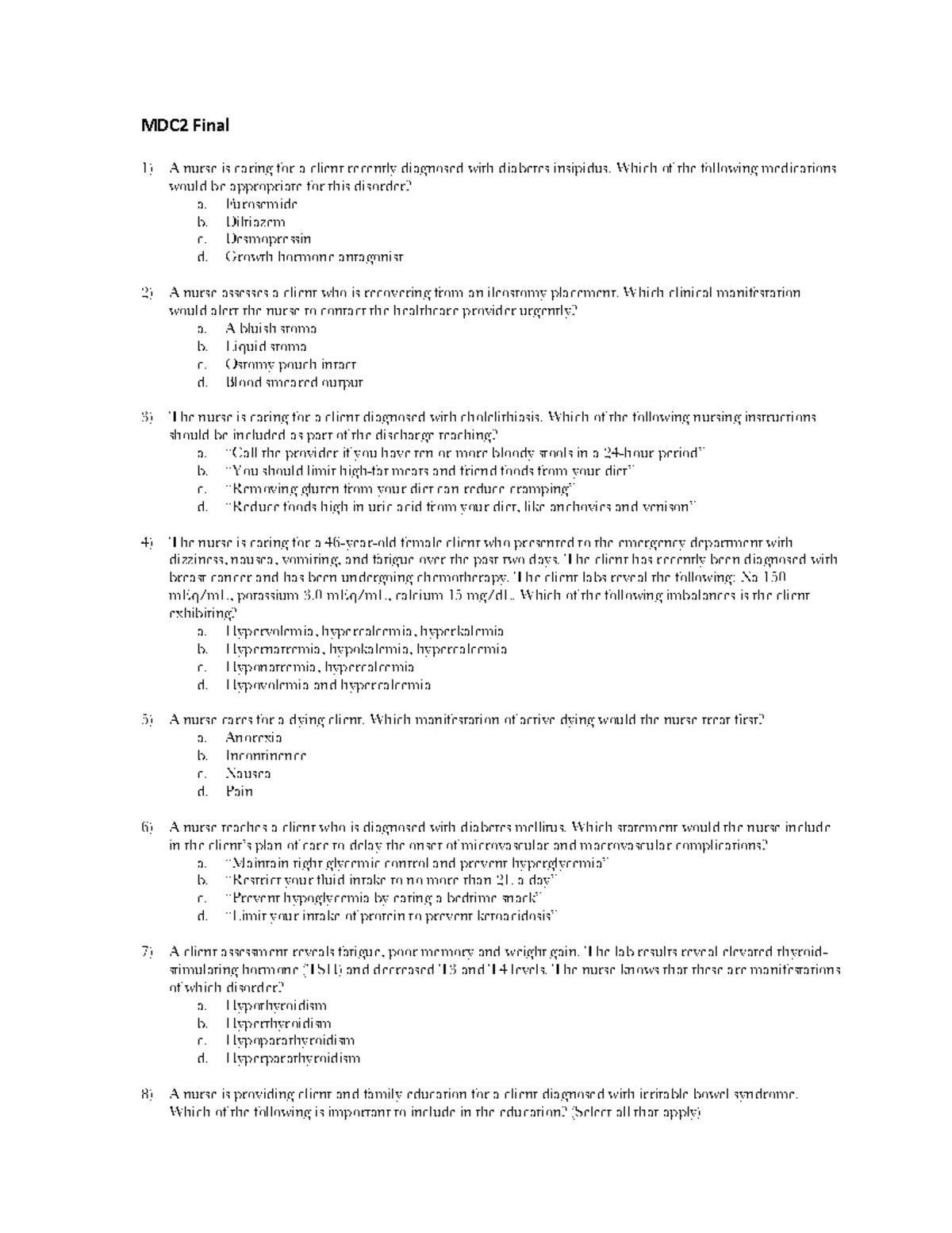 MDC2 Final Exam Study Guide: Key Nursing Concepts and Questions - Studocu