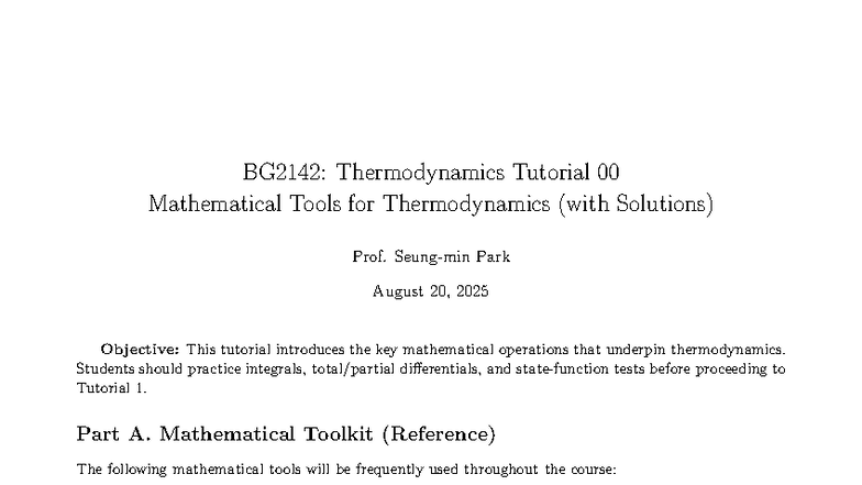BG2142: Thermodynamics Tutorial 00 - Math Tools & Solutions - Studocu