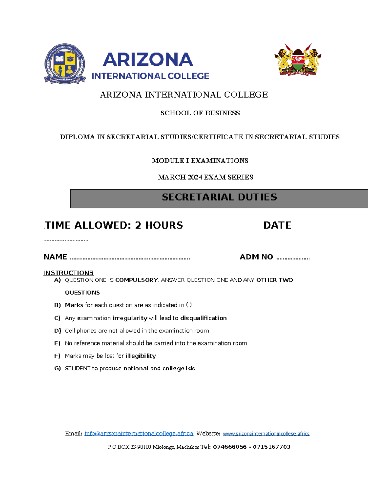 Secretarial Duties - Diploma in Secretarial Studies Exam Paper - Studocu
