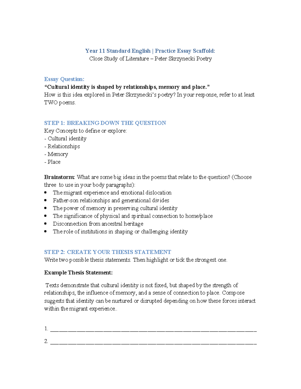 Year 11 Standard English: Essay Scaffold on Peter Skrzynecki's Poetry ...