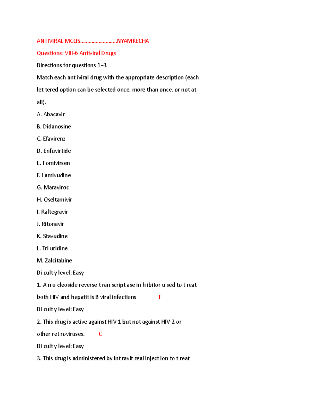 Antiviral MCQs: Matching Drugs With Their Descriptions (VIII-6) - Studocu